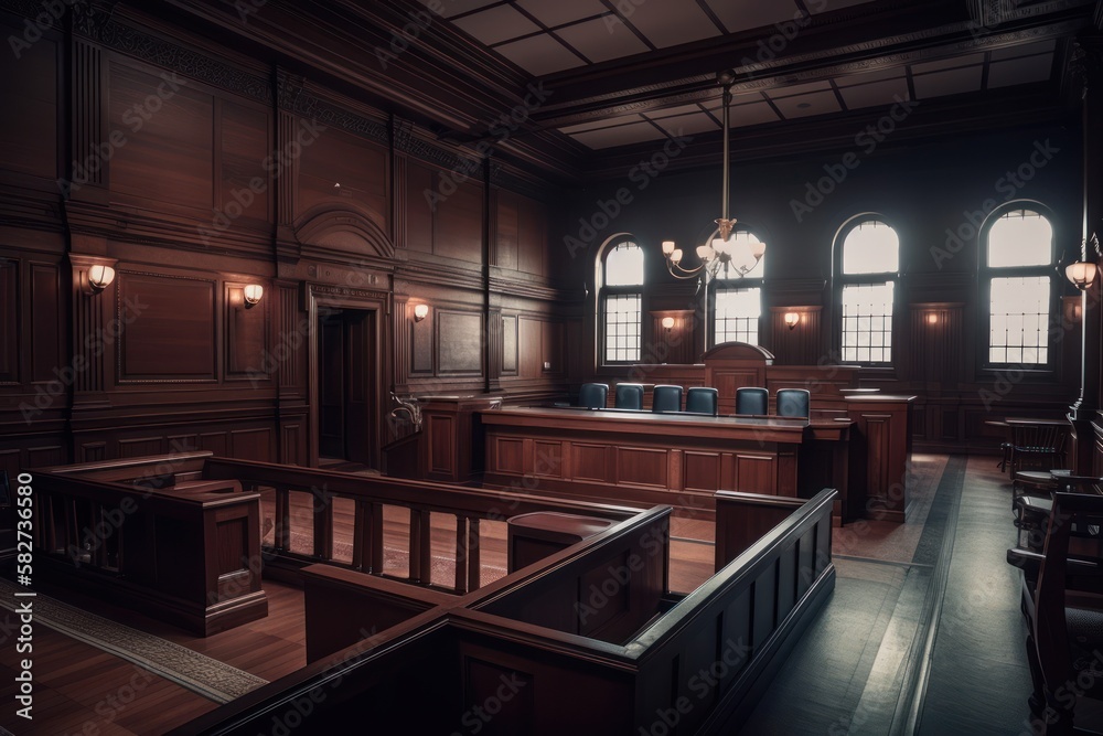 Courtroom interior. Empty Courthouse room interior. Law and Justice ...
