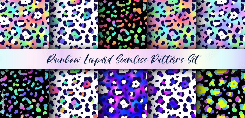Abstract Rainbow Leopard seamless patterns set. Trendy vector gradient ...