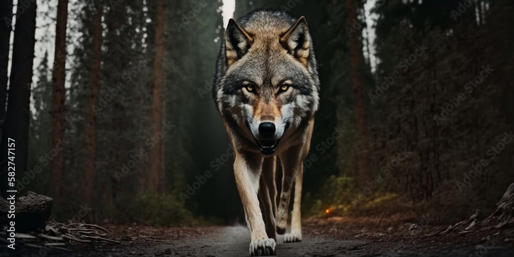 Pov Highly defined macrophotography of a realistic wolf running across ...