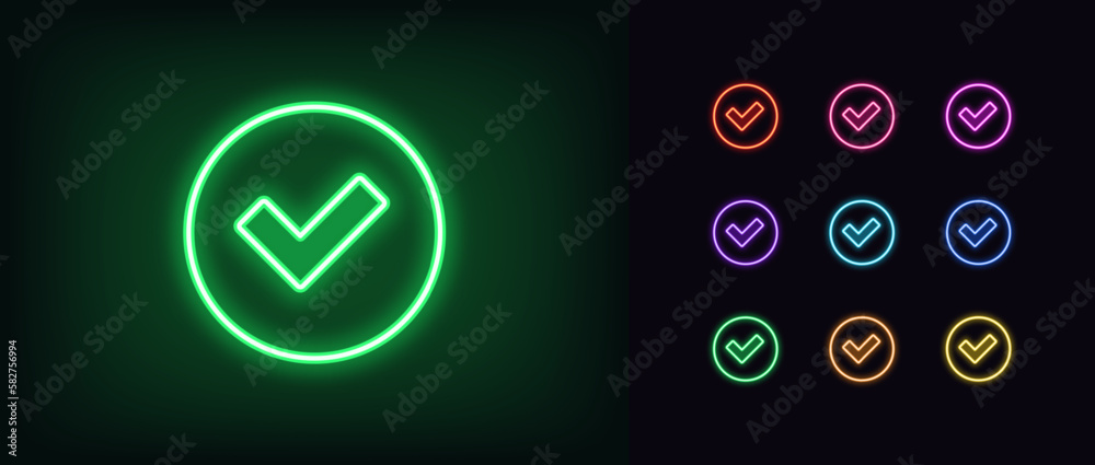 Outline neon check tick icon set. Glowing neon checkmark sign, tick ...
