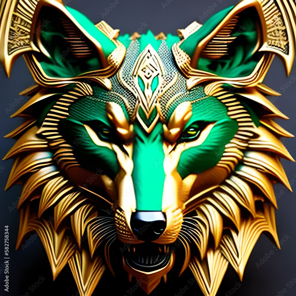 ai generated 3d mask of a golden wolf head with green emerald eyes and ...