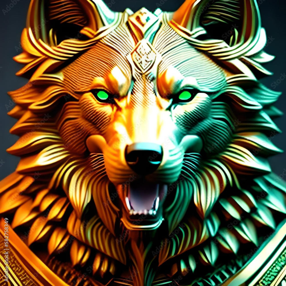 ai generated 3d mask of a golden wolf head with green emerald eyes and ...