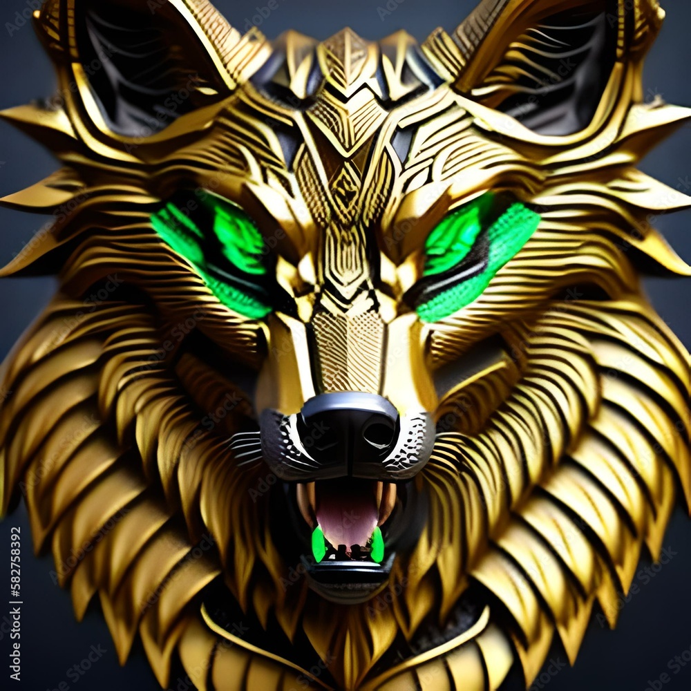 ai generated 3d mask of a golden wolf head with green emerald eyes and ...
