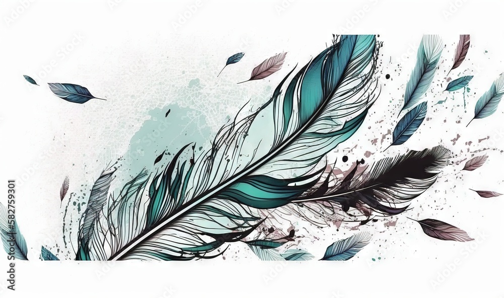 a drawing of a blue feather with a splash of paint on it's back side ...
