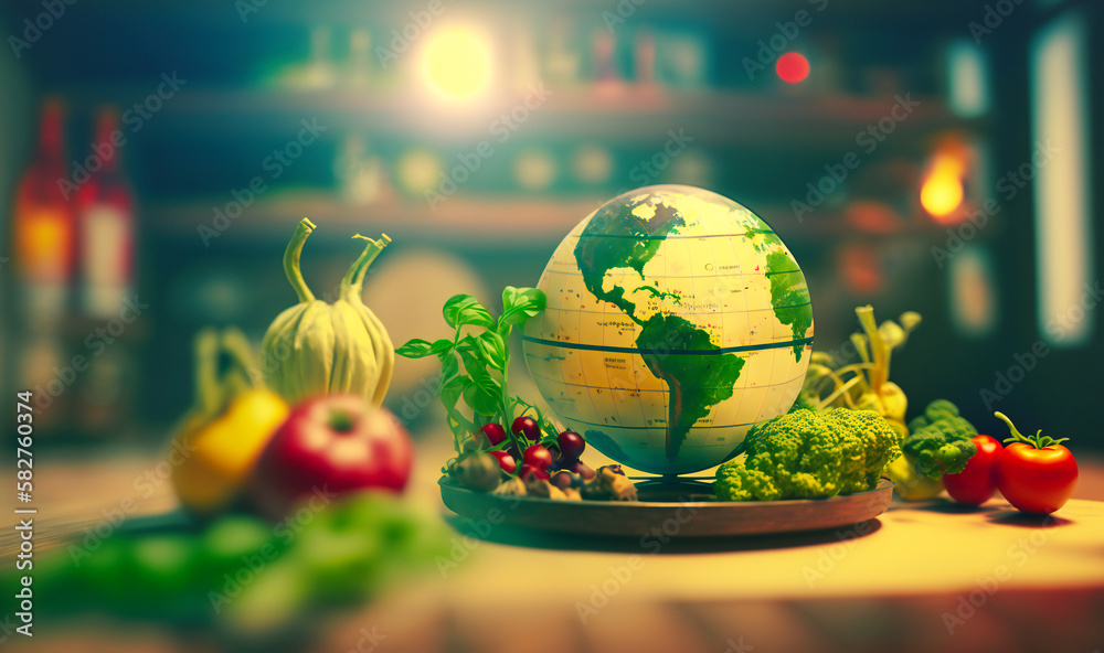 A healthy globe manipulation background with vegetables representing global agriculture and ...