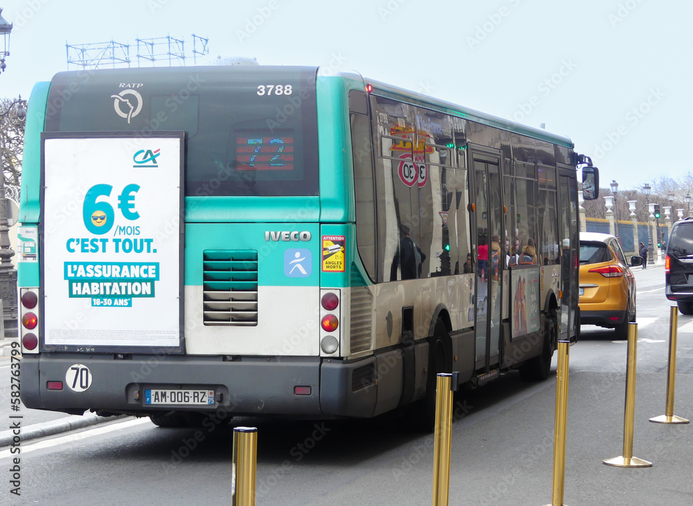 Paris, France. February 19. 2023. A RATP bus in town. Public transport ...
