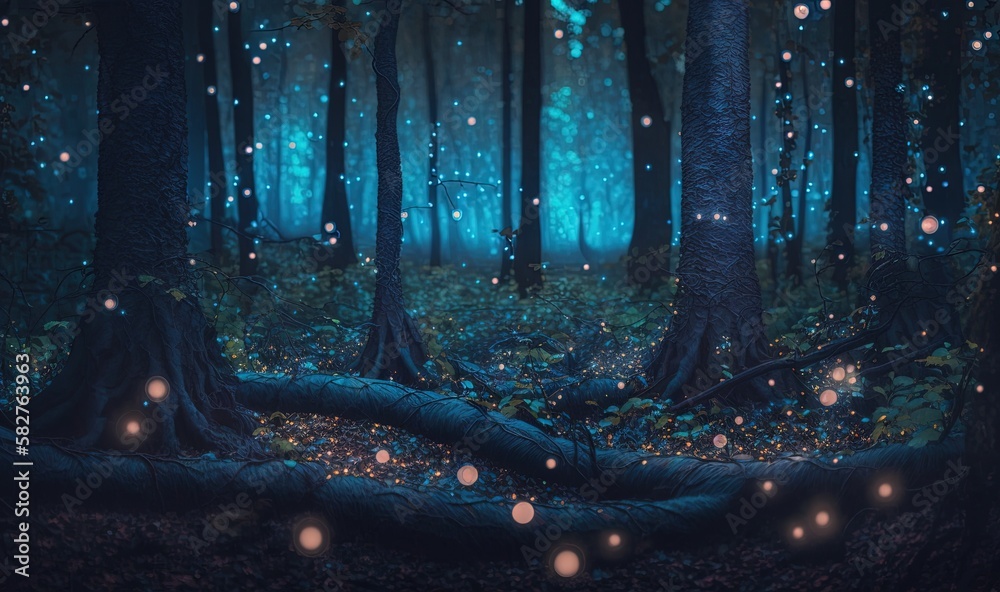 a forest filled with lots of trees covered in fireflies and stars in ...
