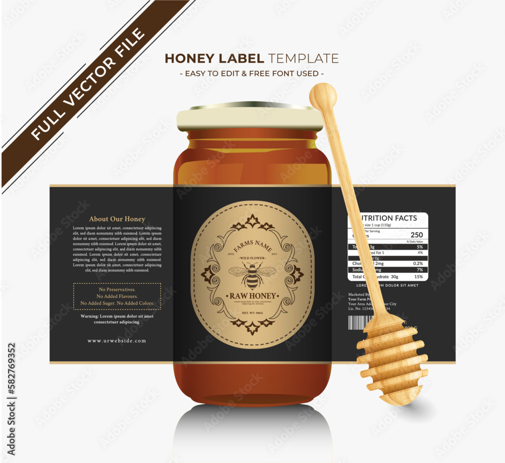 Honey design and natural pure honey bee label with vector new honey jar ...