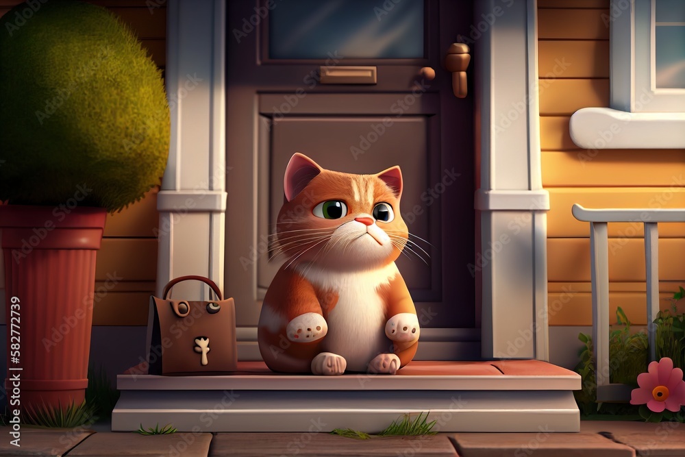 Cute 3d Cartoon Cat Sitting on the Front Porch of a House. Generative ...