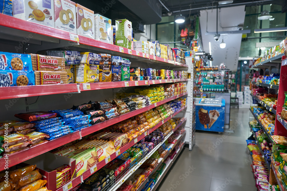 DOHA, QATAR - CIRCA MARCH, 2023: interior shot of supermarket in Doha ...
