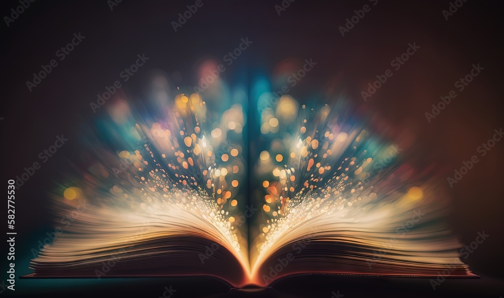 an open book with a blurry image of fireworks coming out of the book's ...
