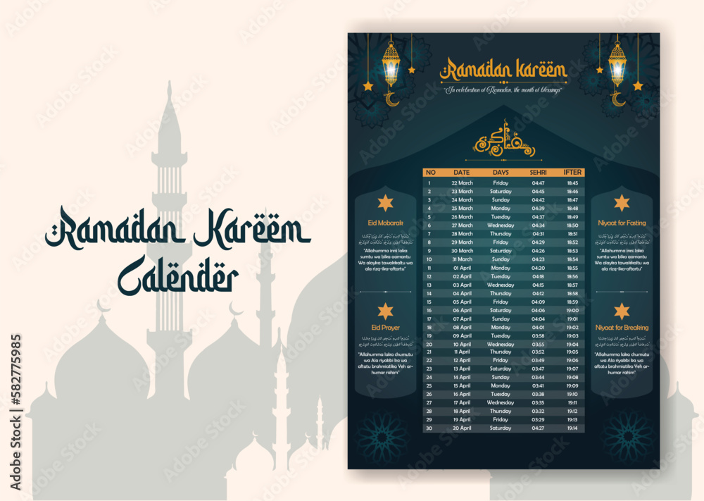 Ramadan time calendar 2023 With Prayer times in Ramadan. Ramadan ...