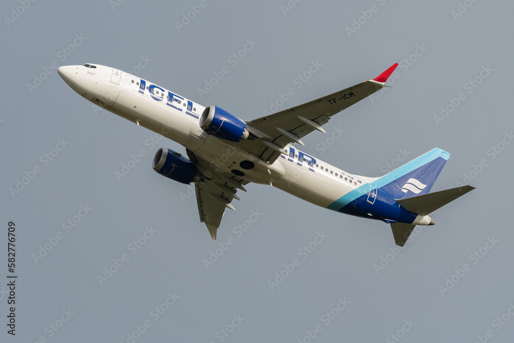 Iceland air Boeing 737 MAX-8 jet departure from Zurich in Switzerland ...