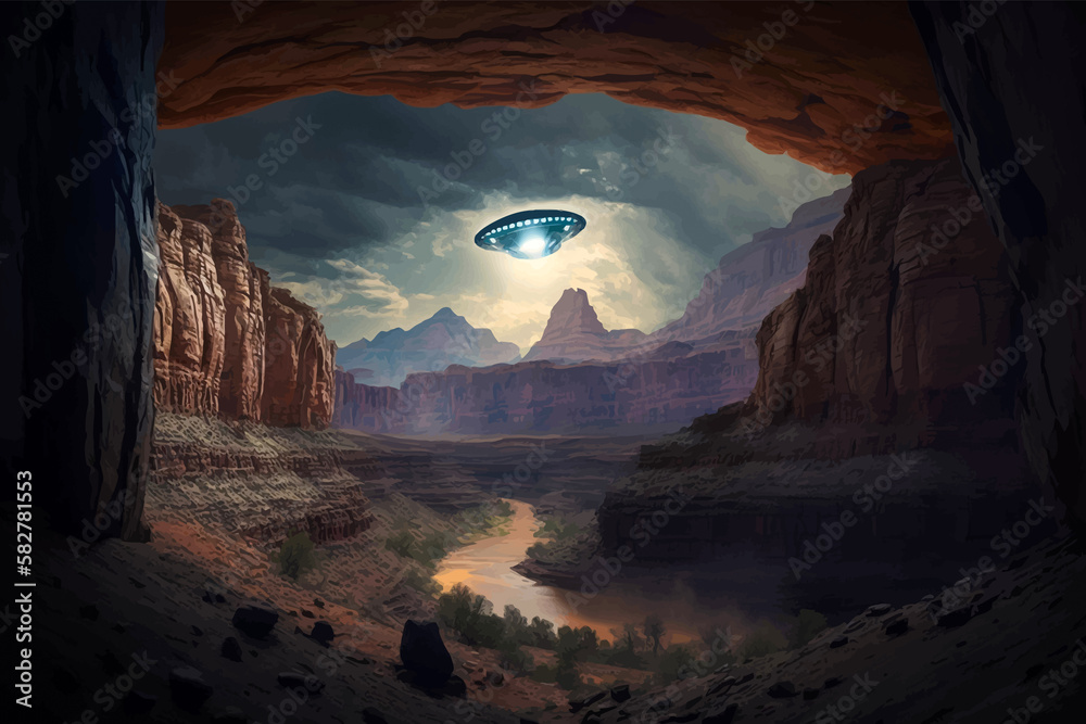 Fantasy alien planet. Flying saucer. UFO. Floating alien ship. 3D ...