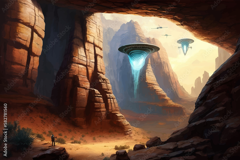 Fantasy alien planet. Flying saucer. UFO. Floating alien ship. 3D ...
