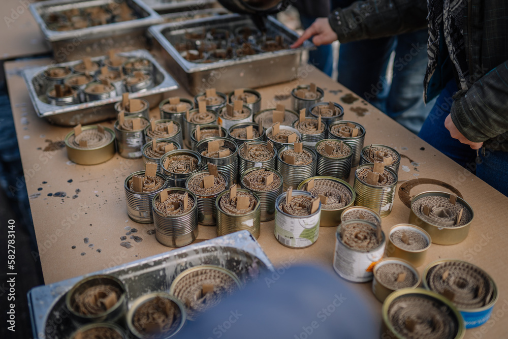 Trench candles on the table poured with wax, made by Ukrainian ...