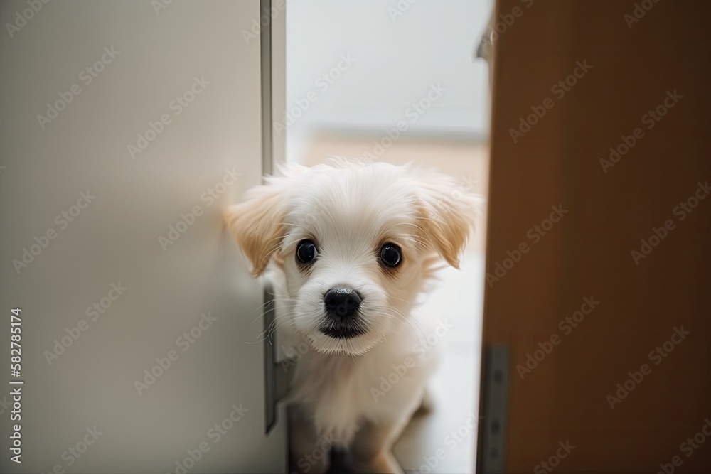 An adorable little puppy eagerly waiting in front of the door, with ...