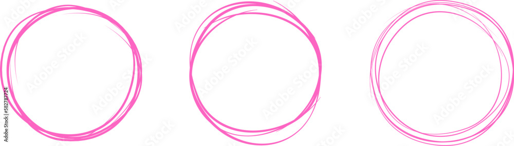 Pink circle line hand drawn set. Highlight hand drawing circle isolated ...