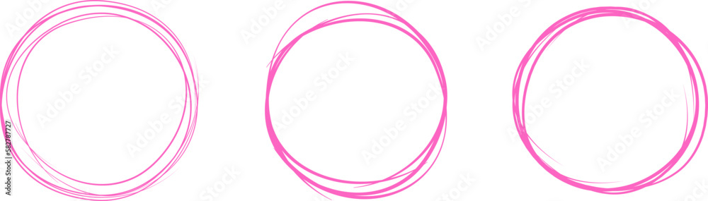 Pink circle line hand drawn set. Highlight hand drawing circle isolated ...