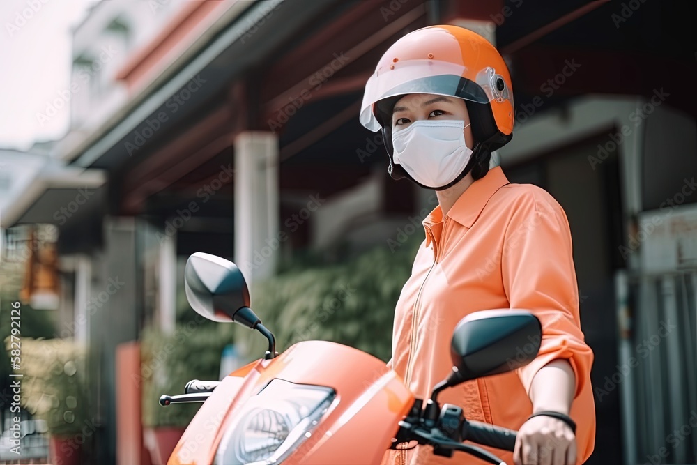 Fictional food delivery rider on a bike with isothermal case box ...