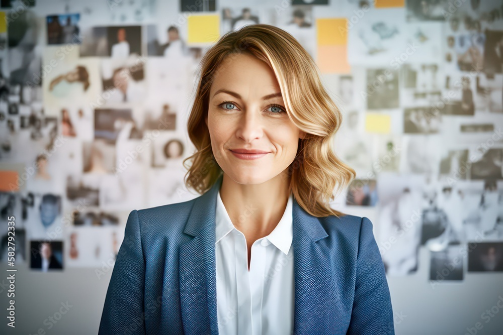 Portrait middle-aged female business executive, wall of photos behind ...