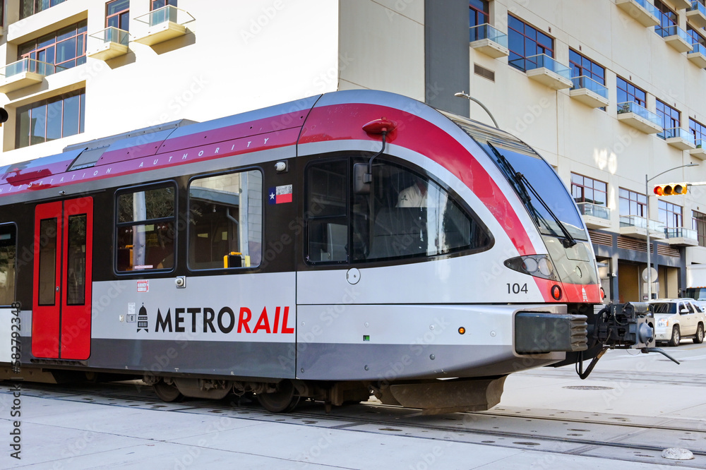 Austin, Texas, USA - February 2023: Commuter train leaving the ...