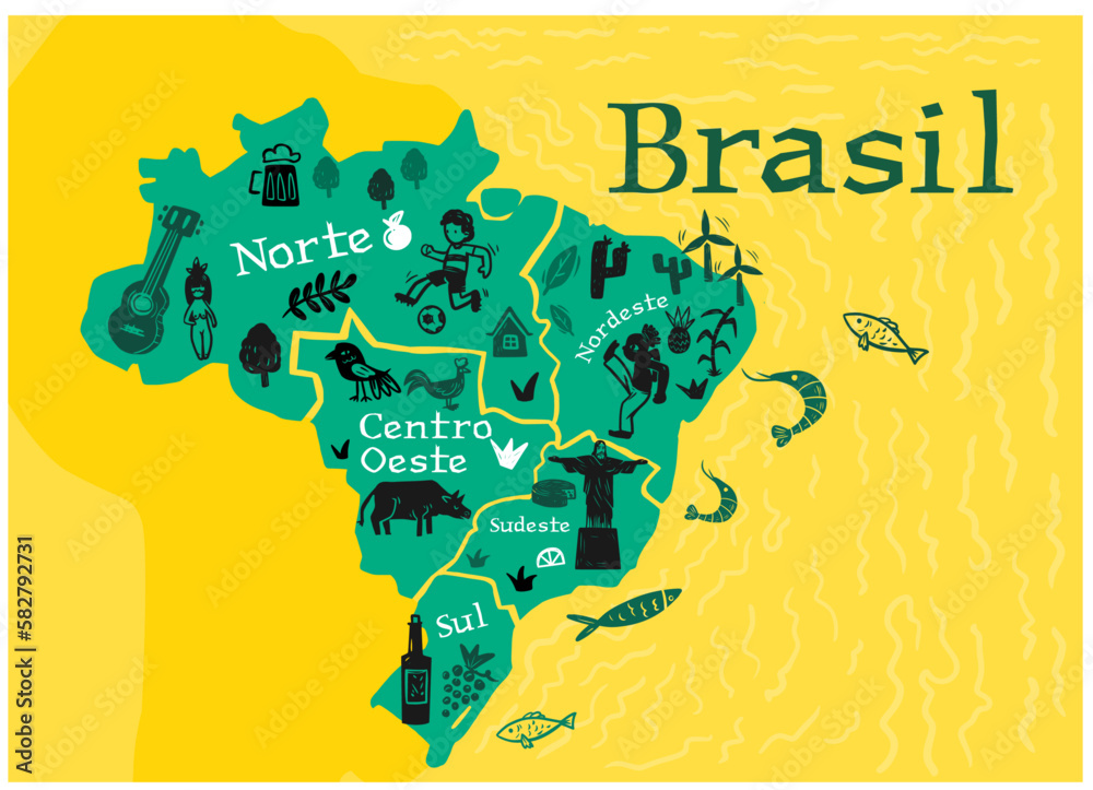 Brazil map. With different flora and fauna symbols, geographic names ...