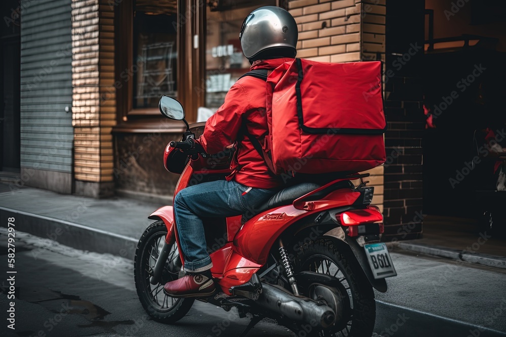 Fictional food delivery rider on a bike with isothermal case box ...