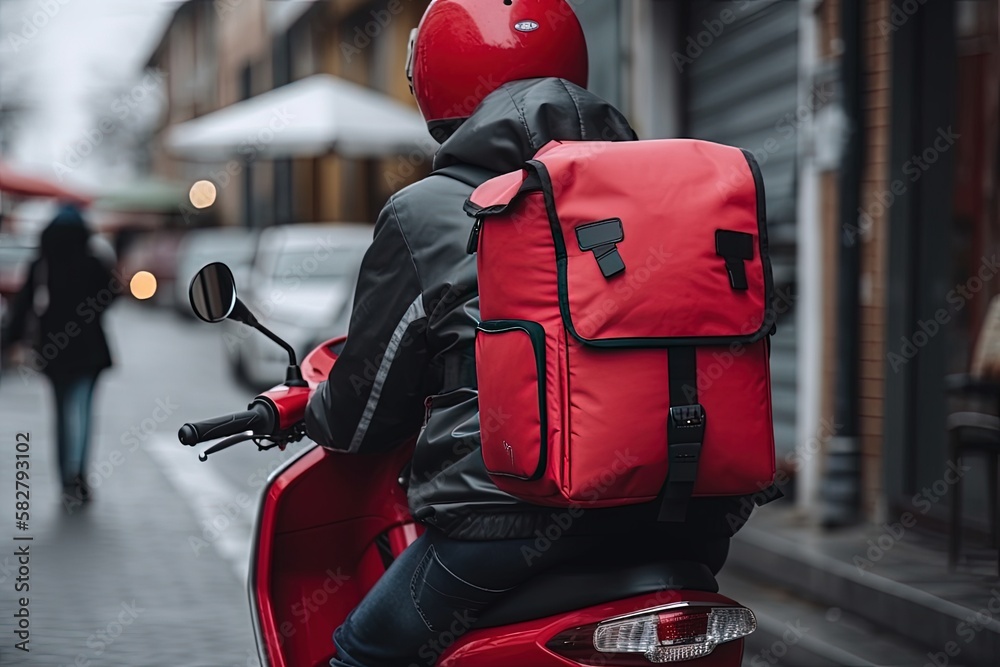 Fictional food delivery rider on a bike with isothermal case box ...