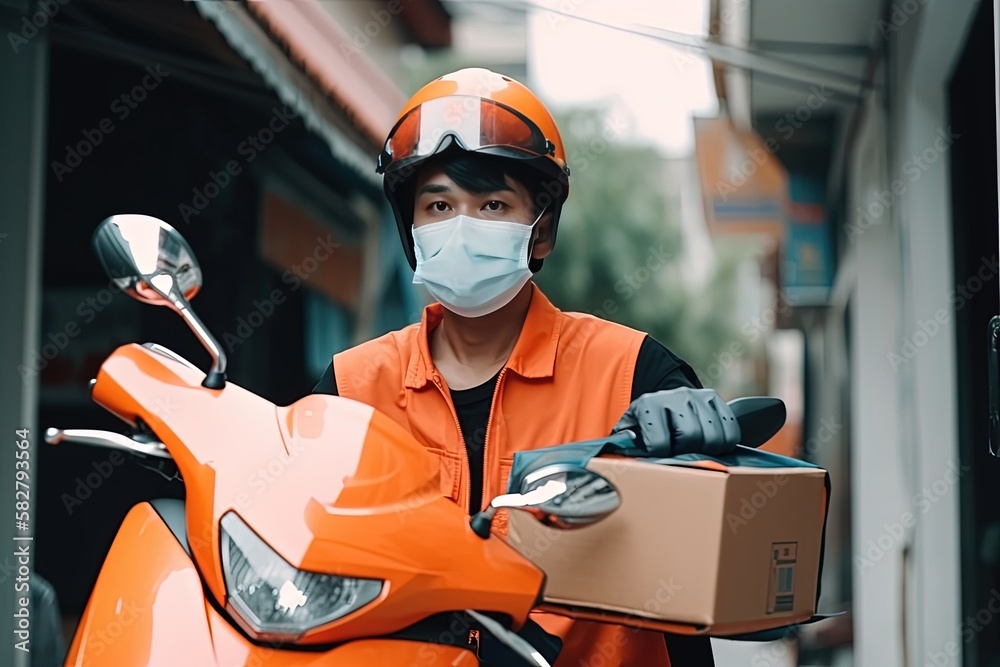 Fictional food delivery rider on a bike with isothermal case box ...