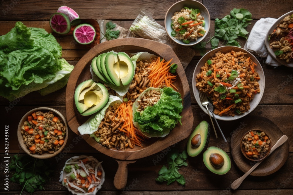 Healthy dinner table with nutritious Buddha bowl, lettuce wraps ...