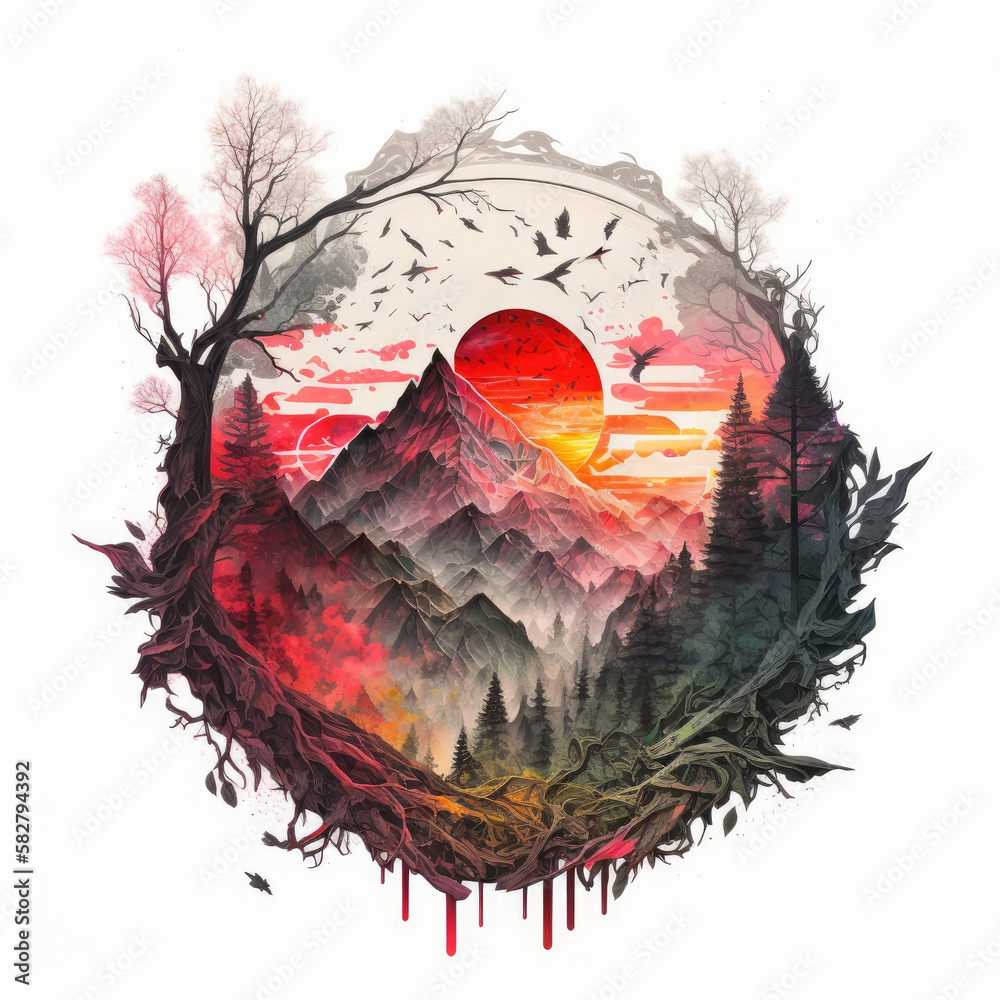 Forest Mountain Horizon, sunset, watercolor and ink sketch, vector art ...
