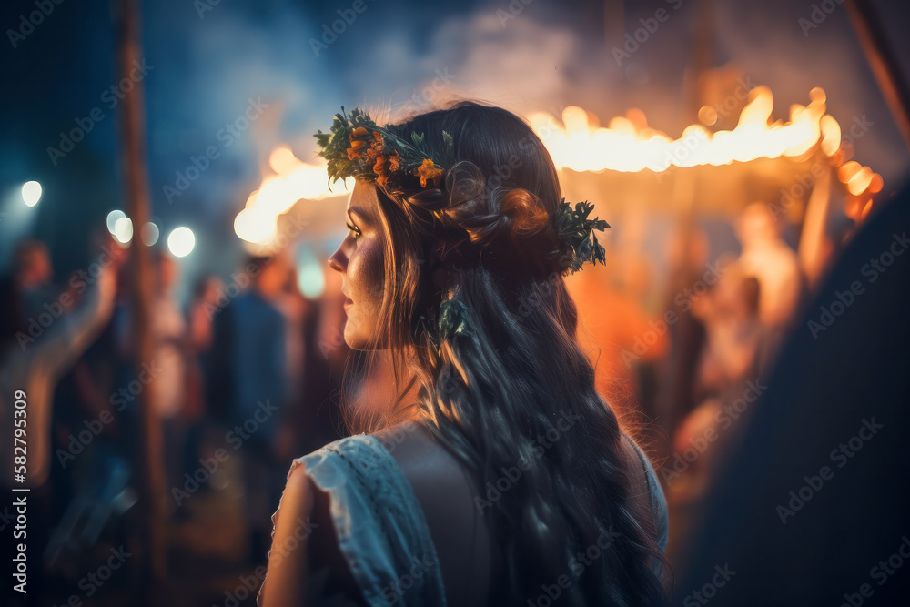 Beltane Celebration: Woman Participating in a Ritual Around a Bonfire ...