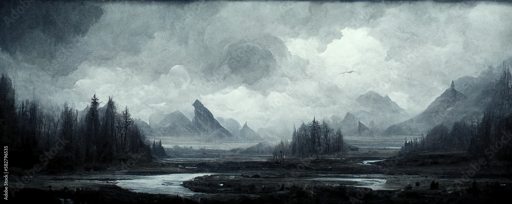 Abstract post apocalyptic dark gloomy scene with dark forest and trees ...
