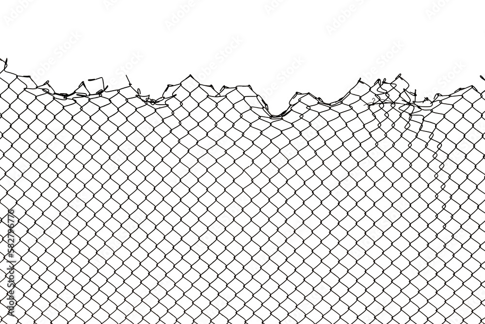 The texture of the metal mesh. Torn, destroyed, broken metal mesh on a ...