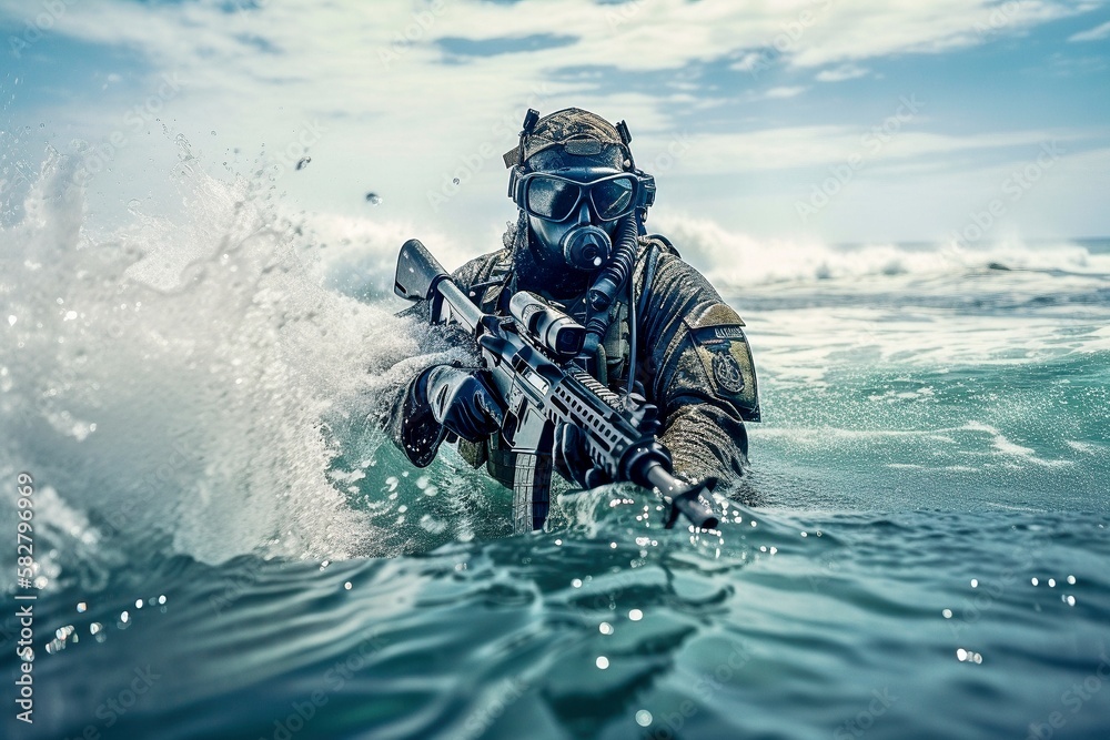 Navy SEAL Emerges from Ocean with AR-15 at Night, Generative AI Stock ...