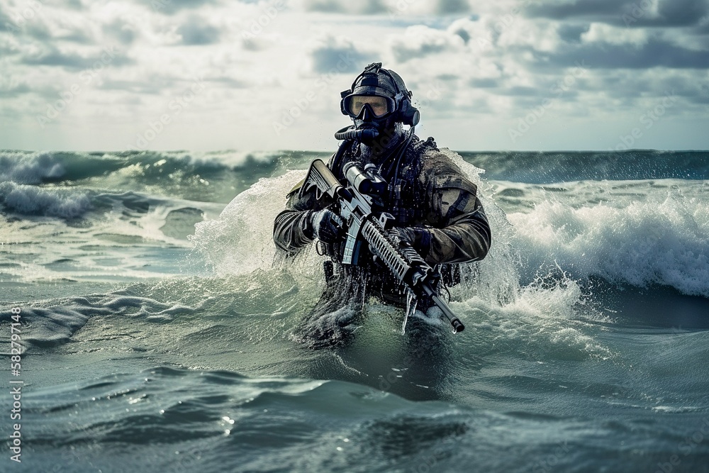 Navy SEAL Emerges from Ocean with AR-15 at Night. Stock Illustration ...
