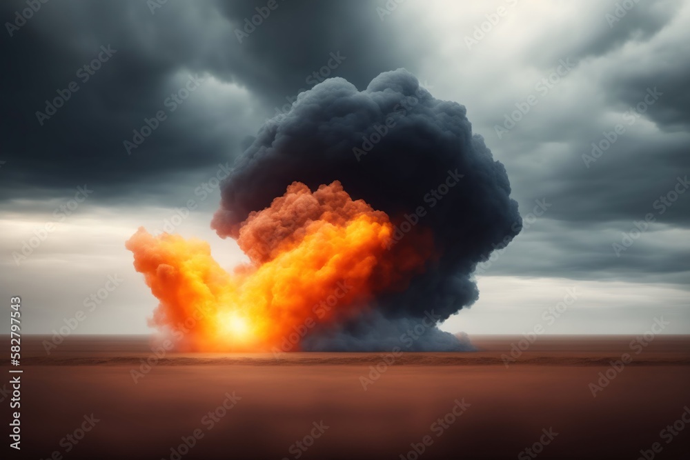 explosion, flamme, fumée, boum, bombe, ciel, sombre, nuage, guerre ...