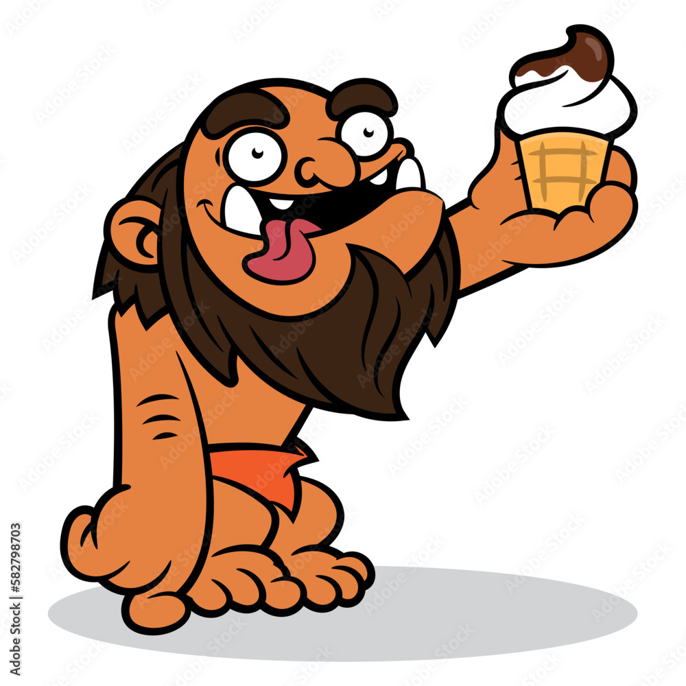 Cartoon illustration of Caveman with bearded face wearing clothes made ...
