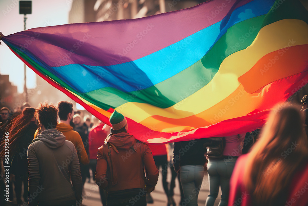 Diverse group of LGBTQ+ people standing together, holding up signs and ...