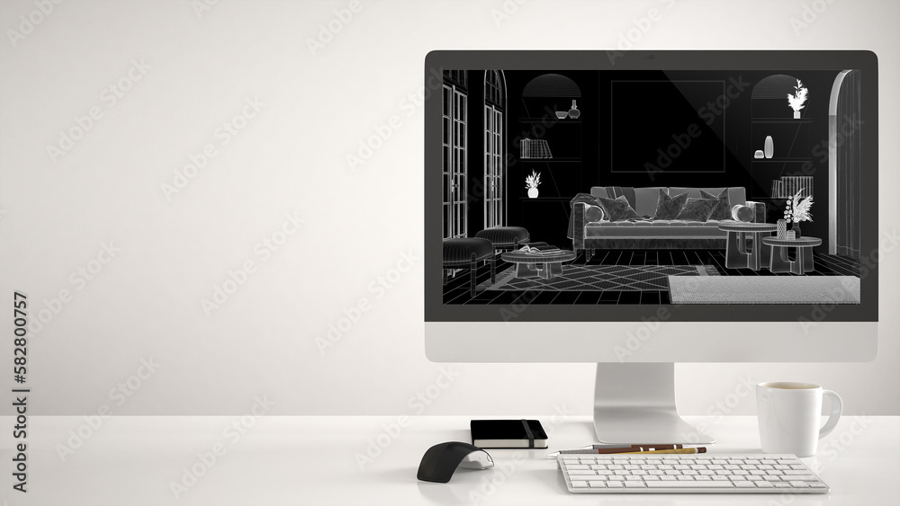 Architect house project concept, desktop computer on white background ...