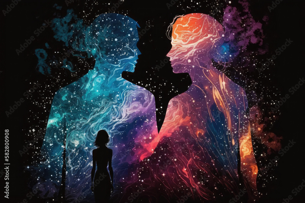 Astral body man and woman silhouettes face to face neural network AI ...