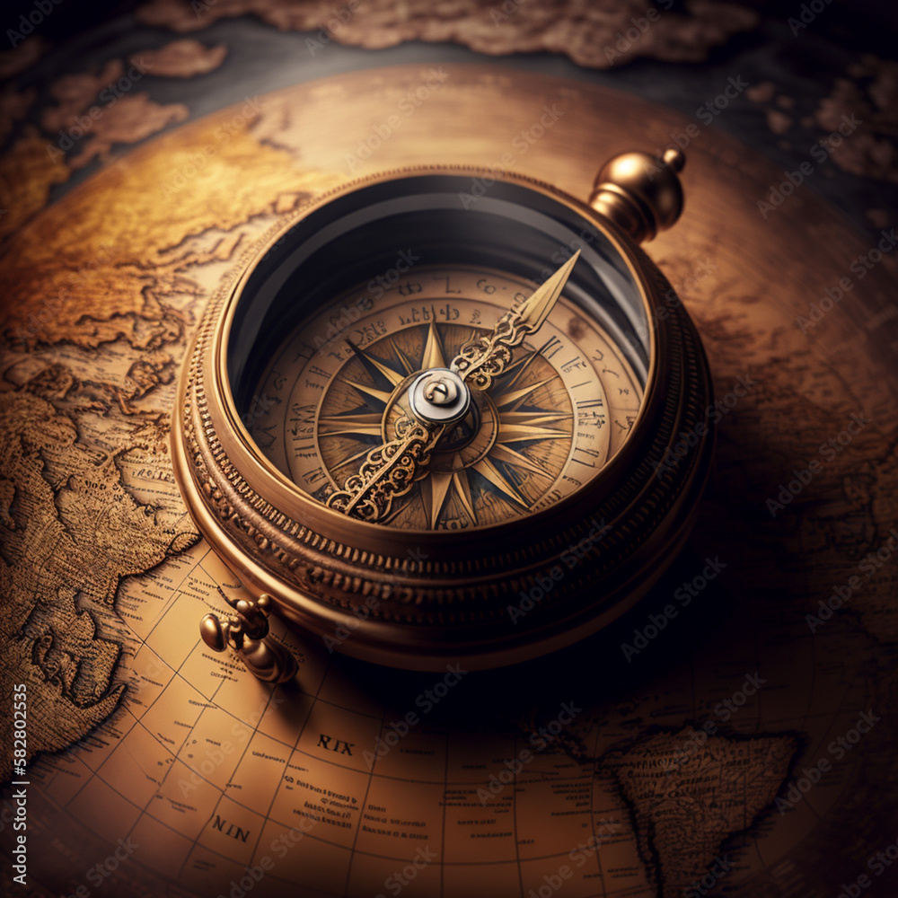 Retro Nautical Compass Resting on Antique World Map Ai Generated Art ...