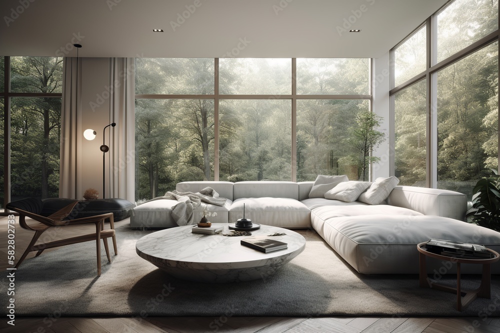 minimalist living room boasts a stunning countryside view through a ...