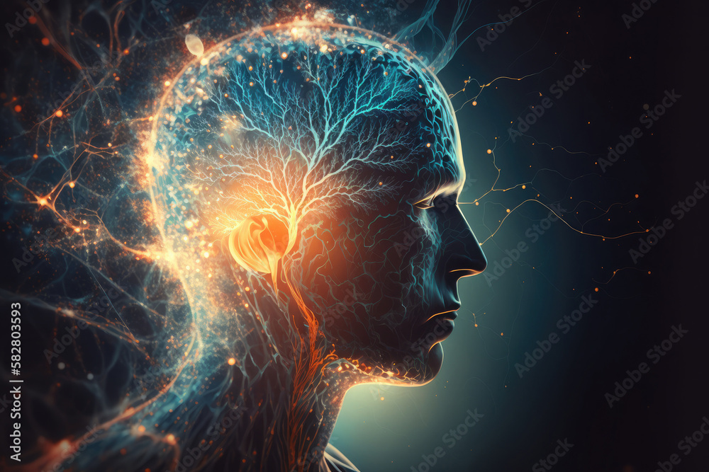 Astral body woman silhouette bust at abstract space background neural ...