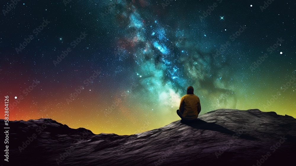 Un homme assis seul sur la lune regarde les étoiles colorées de l ...
