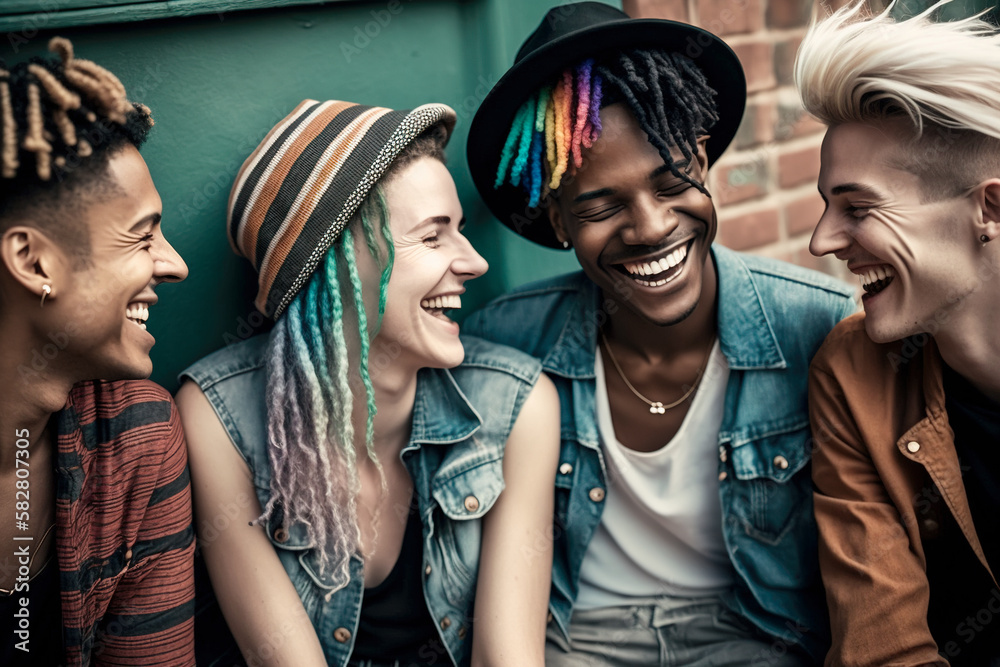 Diverse and happy group of young LGBT friends posing together, with ...