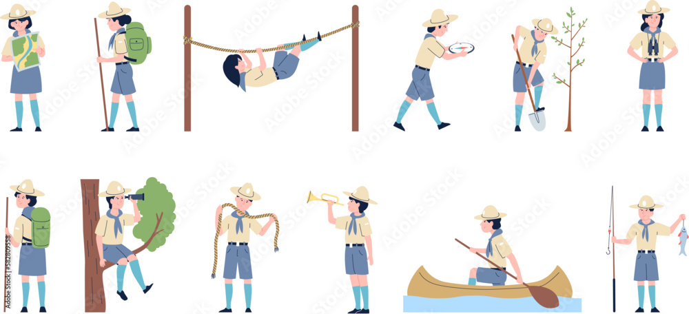 Children scouts, flat kids survival adventures in scout camping. Child ...