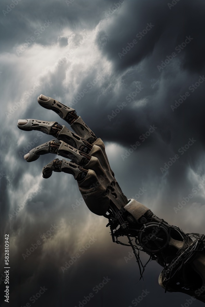Robotic arm on epic sky. Ancient robot arm reaching out. Creation of ...