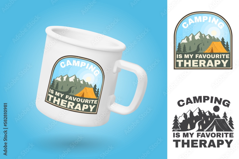 White camping cup. Realistic mug mockup template with sample design ...